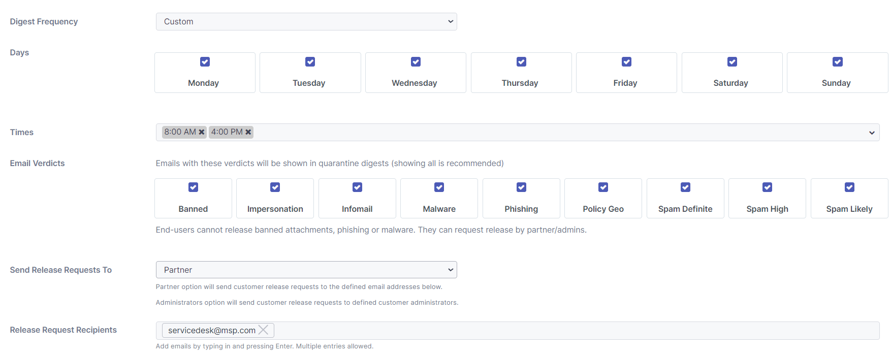 Quarantine Digest - Settings